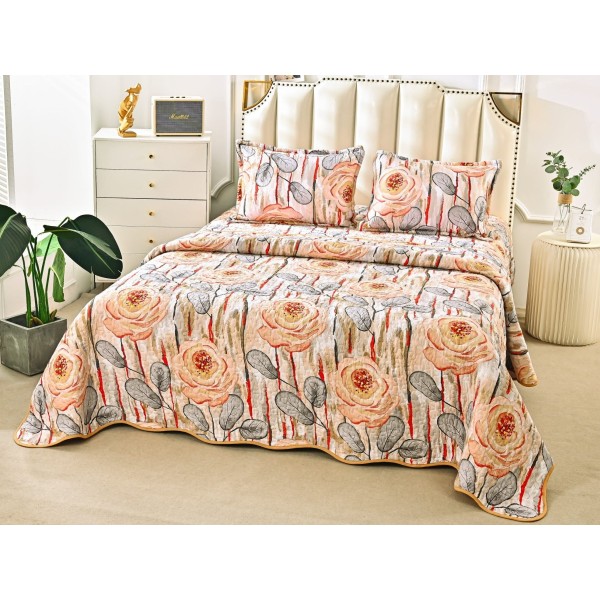 Cuvertura pat dublu din Bumbac Satinat Superior, 3 PIESE, Crem-Rosu, trandafiri - Cumparamisim.ro